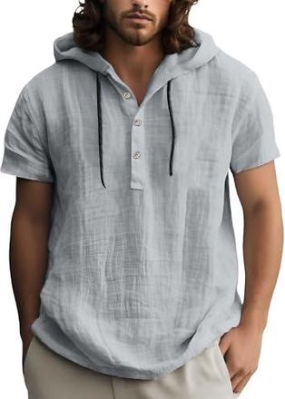 Generic Chemise en lin unie pour homme - Printemps et &eacute;t&eacute; - Avec capuche - Manches courtes - D&eacute;contract&eacute;e - Pour homme, gris, 3XL