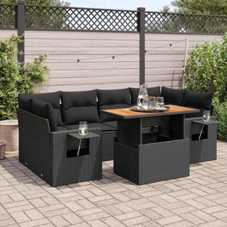 vidaXL 7-tlg. Garten-Sofagarnitur mit Kissen Schwarz Poly Rattan - Vidaxl