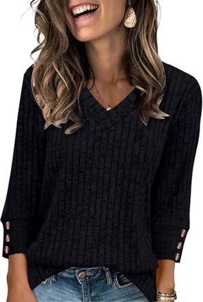 Generic Pull à Col en V et Manches 3/4 Chic pour Femme - Haut Tricoté Doux et Décontracté Chaud Pas Cher Couleur Unie Automne Hiver Taille S M L XL XXL,Noir,X