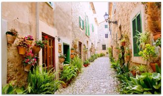 Wallario Herdabdeckplatte/Spritzschutz aus Glas, 3-teilig, 90x52cm mit 8mm hohen F&uuml;&szlig;en, f&uuml;r Ceran- und Induktionsherde, S&uuml;dl&auml;ndische Gasse mit Alten H&auml;usern un