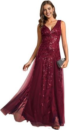 Ever-pretty Robes dInvités de Mariée Longue Paillettes de Feuilles Tulle Col V sans Manches Chic Bordeaux 38