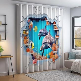 Generic Rideaux occultants &agrave; Motif Dauphin Mignon en 3D pour fen&ecirc;tre de Chambre &agrave; Coucher, Rideaux imprim&eacute;s Bleu pour Salon Salle &agrave; Manger, 91.5L X 160H cm (2