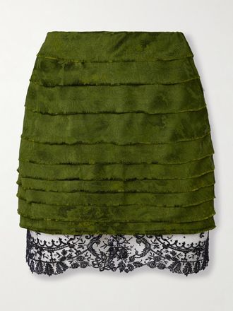 Saint Laurent Mini-jupe En Jacquard Et En Dentelle De Coton Et De Soie Mélangés À Superposition - Vert