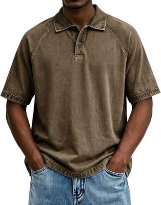 Generic Polo vieilli pour homme en coton d&eacute;lav&eacute; &agrave; manches courtes avec boutons - Pull vintage &agrave; col &agrave; revers - Confortable - Doux &agrave; porter - &Eacute;vacuation de lhu