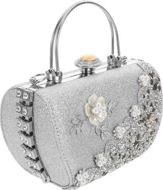 IFUNDOM Pochette de Soirée à Main Argentée avec Cristaux Scintillants et Perles Motif Floral en Métal Sac Élégant pour Femmes pour Mariage et Événements Forme
