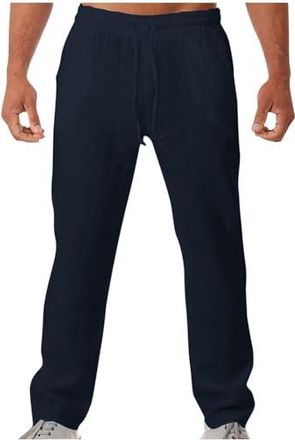 Generic Pantalon de plage d&eacute;contract&eacute; en lin pour homme, cordon de serrage, taille &eacute;lastique, pantalon d&eacute;contract&eacute;, jambe droite, pantalon de vacances l&eacute;ger, 
