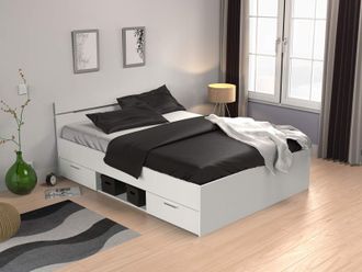 Möbelando Kompaktbett Liegefläche: 140 x 200 cm weiß mit 2 Schubladen, 1 offenes Fach Doppelbett Bettgestell Bett Bettrahmen Funktionsbett Lorenzo I Perle Weiß 