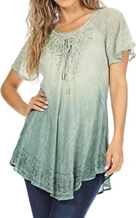 Sakkas 19215 - Chemise décontractée en Dentelle à Manches Courtes Tie Dye pour Femmes de Donna - 19200-Vert - OSP