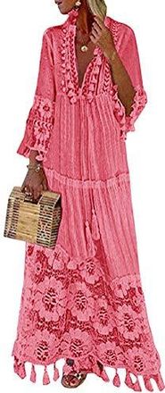 Minetom Robe Maxi Longue Femme &Eacute;l&eacute;gant Robe de Soiree Party Plage Boho Grande Taille Floral Dentelle Col V Manches 3/4 Sundress (40, Rose)