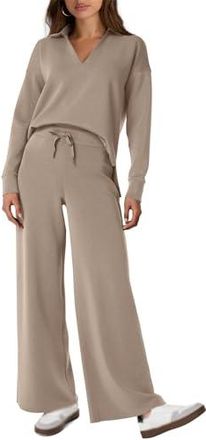 Generic Constituent Vêtements de voyage pour femmes, ensembles 2 pièces pour femmes, ensemble décontracté à manches longues, pantalon large, camel, XL