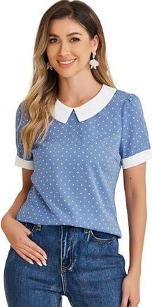 Allegra K Chemisier pour femme, chemisiers à pois, col claudine, hauts vintage, Bleu poudré, XL