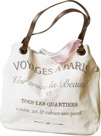 Loberon Tasche Voyage, Französischer Vintage-Print, mit Reißverschluss & Innenfach, Accessoire, Baumwoll-Canvas, Büffelleder, Creme