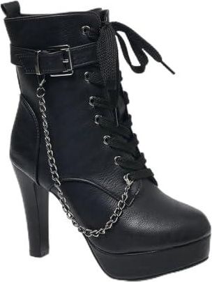 Generic Bottines à plateforme à bout rond pour femme - Avec chaîne et boucle - Fermeture éclair latérale - Chaussures dhiver polyvalentes, Noir, 38.5 EU