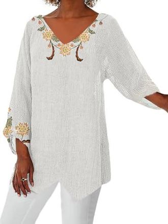 Onsoyours Femme Tunique À 3/4 Manches Longues Chemise Élégant Imprimée Blouses Casual Vintage Ample Swing T-Shirt Grande Taille Comfortable Chemisier Hauts Pull