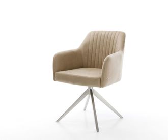 DELIFE Drehstuhl Greg-Flex Mikrofaser Beige Vintage Kreuzgestell breit Edelstahl 360&deg; drehbar Wippfunktion Taschenfederkern, Esszimmerst&uuml;hle