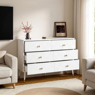 Furniture R Weißer Hochschrank mit 6 Schubladen, Modernes Design, MDF & Spanplatten, Platzsparend, Kompakt, Elegante Metallgriffe