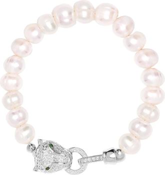 Nialaya Femme, Accessoires, Gris, Taille: M Bracelet de perles avec t&ecirc;te de panth&egrave;re argent&eacute;e