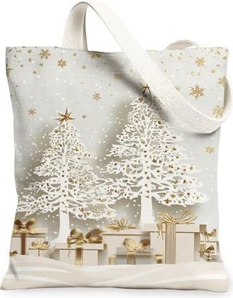 Generic Sacs fourre-tout en toile motif sapin de No&euml;l, sacs d&eacute;picerie r&eacute;utilisables, vintage dhiver, l&eacute;gers et lavables, blanc, 13x15 Inch