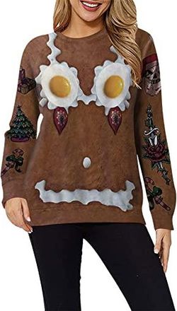 Generic 2026 Nouveau pull de No&euml;l pour femme Impression 3D Mode Wacky Print O Neck Top Pullover Party Sweatshirt, marron, XXL