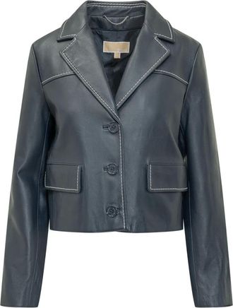 Michael Kors Femme, Vestes, Bleu, Taille: 36 FR Contrast-Trim Leather Cropped Blazer