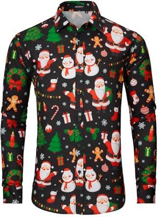 Hisdern Chemise No&euml;l Homme Manches Longues Casual Chemise de Noel Funky Imprim&eacute;e Regular Fit Noir M
