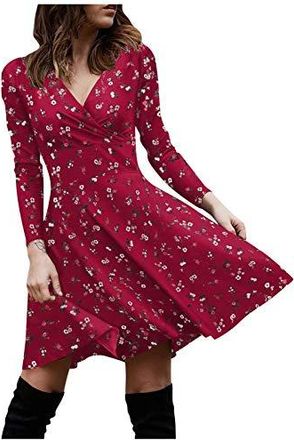 Generic 2025-Robe Vintage Femme Manches Longues- Robe Fleurie Col en V Sexy Casual Fluide Chic Et Élégants Tempérament Mi Longue Confortable Ample Style Doux 