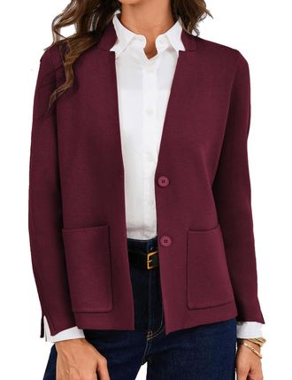 Grace Karin Strickjacke Damen Lang Business Formelle V-Ausschnitt Langarm Cardigan Damen mity Tasche Blazer Jacke Elegant Weinrot S