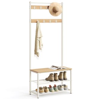 Vasagle Garderobenst&auml;nder, Kleiderst&auml;nder mit Schuhablagen, Schuhregal mit Sitzfl&auml;che, f&uuml;r Flur, mit Haken, 3 Ablagen, aus Metall, H&ouml;he 177 cm, modern, eichen