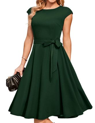 Dresstells Cocktailkleid Damen Elegant Dunkelgr&uuml;n 1950er Knielang Rockabilly Hochzeitkleid Vintage Abendkleid Kurz Swing Partykleid Vintage Petticoat Kleid DarkG