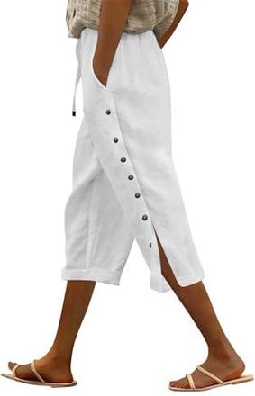 Generic IQYU Pantalon d&eacute;t&eacute; l&eacute;ger 3/4 pour femme - Pantalon sarouel - Pantalon d&eacute;t&eacute; l&eacute;ger - Avec fente - Pantalon d&eacute;t&eacute; ample - Pantalon d&eacute;t&eacute; l&eacute;ger - Taille hau