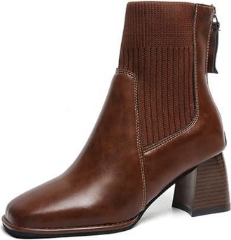 Generic Bottines Chelsea élastiques confortables à bout carré épais avec fermeture éclair dans le dos pour femme, marron, 39 EU