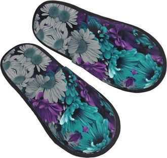 Generic Imprimé Fleurs Violettes Et Bleu Sarcelle Pantoufles Moelleuses Maison Pantoufles En Peluche Plates Slippers Pour Homme Intérieur Extérieur L