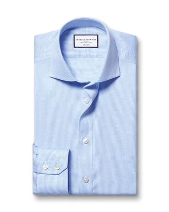CHARLES TYRWHITT B&uuml;gelfreies Hemd mit Hahnentrittmuster - Himmelblau Knopfmanschette