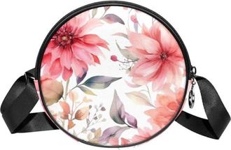 Generic Sac &agrave; bandouli&egrave;re rond pour femme, motif fleurs et feuilles, sac &agrave; dos avec fermeture &eacute;clair, bretelles r&eacute;glables, sac &agrave; main rond d&eacute;contract&eacute; pour fe