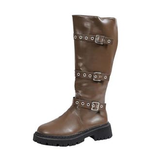 Generic Bottes hautes pour femme - Large mollet - Longues bottines &eacute;l&eacute;gantes &agrave; bout rond classique - Talon bas plat - Fermeture &eacute;clair lat&eacute;rale - Confortables