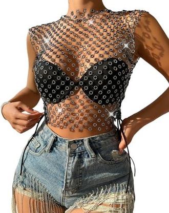Feoya Boléro à Paillettes Femme Filet de Poisson Strass Crop Top Visible Maille Brillante Corps Chaîne Tops Unicolore Sheer Mesh Bikini Top Diamant Rave Clu