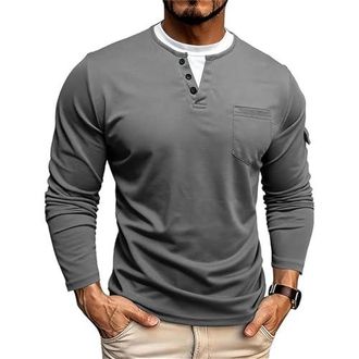 Generic T-shirt tendance pour homme avec col en V et manches longues, gris, XXL