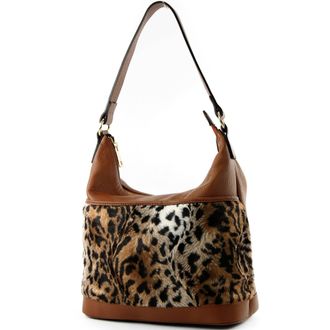 modamoda.de T133 Damen Leder Schultertasche Henkeltasche aus Leder mit Kunstfell handmade in Italy, Farbe:Dunkelcamel