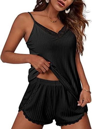 Ekouaer Ensembles de Pyjama Femme Sexy Dentelle Pyjama Court Vêtements de Nuit avec Pantalon et Camisole Lingerie, Noir, M