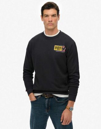 Superdry Locker geschnittenes Sweatshirt in verwaschenem Schwarz mit Service Supply-Print-Grau