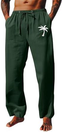 Generic Pantalon d&eacute;t&eacute; en lin respirant pour homme - Pantalon de plage blanc - Coupe ajust&eacute;e - Taille &eacute;lastique - Pantalon de jogging pour homme - Pantalon de 