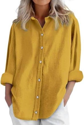 Generic Chemisier d&eacute;t&eacute; en lin pour femme - Manches longues - Chemise en lin pour femme - Grande taille - Chemisier en mousseline avec boutons - Col rond - Che