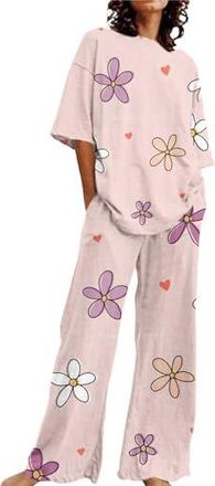 Generic Ensembles De Pyjama Femme Ensemble 2 pièces pour femmes, col rond, ample, manches courtes, imprimé Floral, chemise haute avec pantalon, grande taille,