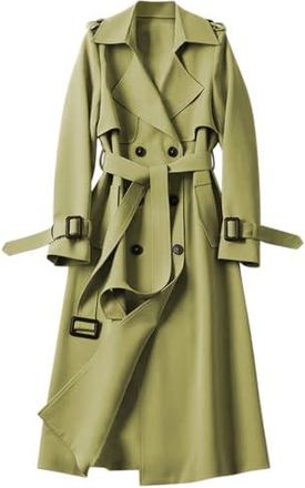 Minetom Femme Trench-Coat à Double Boutonnage Elégant Manches Longues Automne Hiver Revers Veste Longue Manteau avec Ceinture A Vert Foncé XS