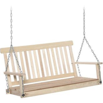 OUTSUNNY Banc suspendu 2 places en bois - dossier assise &agrave; lattes - max. 200Kg - cha&icirc;nes r&eacute;glables acier galvanis&eacute;