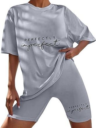 Generic Ensemble de sport 2 pi&egrave;ces pour femme - Ensemble de salon d&eacute;t&eacute; 2026 - Imprim&eacute; - V&ecirc;tements assortis - T-shirts et shorts - Ensemble assorti, gris, XXL