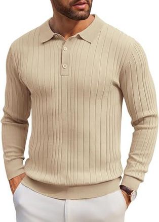 Coofandy Pull Homme Col Polo Manches Longues Tricot Fin Pull Polo Basique Uni pour Hommes Kaki Clair 3XL