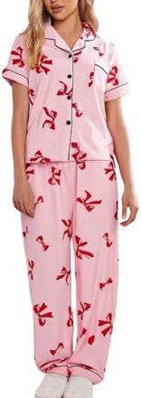 Generic Pyjama imprim&eacute; avec noeud pour la Saint-Valentin 2026 pour femmes avec poche &agrave; boutons, style mignon, Rouge, XL