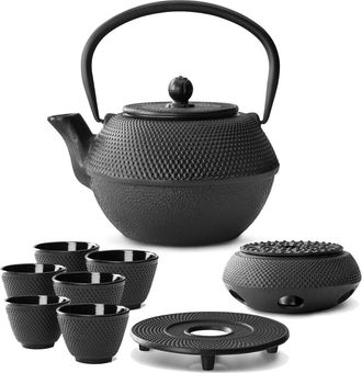 Bredemeijer Teekanne asiatisch Gusseisen Set 1.1 Liter mit Henkel & Edelstahl Tee-Filter Sieb-Einsatz für losen Tee & Stövchen & Untersetzer und 6 Teebecher