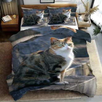 Generic Bettw&auml;sche 220x240 Minimalistisch Bettbezug 220x240 Tabbykatze Bettbezug mit 2 Kissenbez&uuml;ge 80x80cm, Bettw&auml;sche-Sets Microfaser mit Rei&szlig;verschluss b12